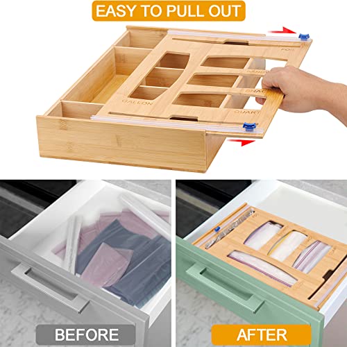 Plastic Wrap Dispenser with Cutter and Ziplock Bag organizer, TITETE 6 IN 1 Bamboo Foil and Wrap Dispenser with Cutter for Kitchen Drawer, for Gallon, Quart, Sandwich and Snack, 12" Kitchen Rolls