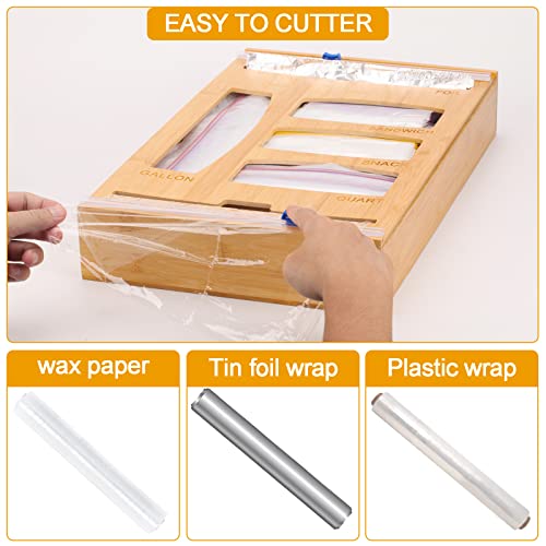 Plastic Wrap Dispenser with Cutter and Ziplock Bag organizer, TITETE 6 IN 1 Bamboo Foil and Wrap Dispenser with Cutter for Kitchen Drawer, for Gallon, Quart, Sandwich and Snack, 12" Kitchen Rolls