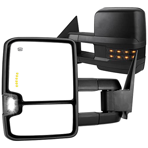 AUTOSAVER88 Towing Mirrors Compatible with 1999-2002 Chevy Silverado Sierra 1500 2500, 2001-2002 GMC Yukon XL Denali, LED Turn Signal Light Power Heated Telescoping Tow Mirrors Pair Set Black