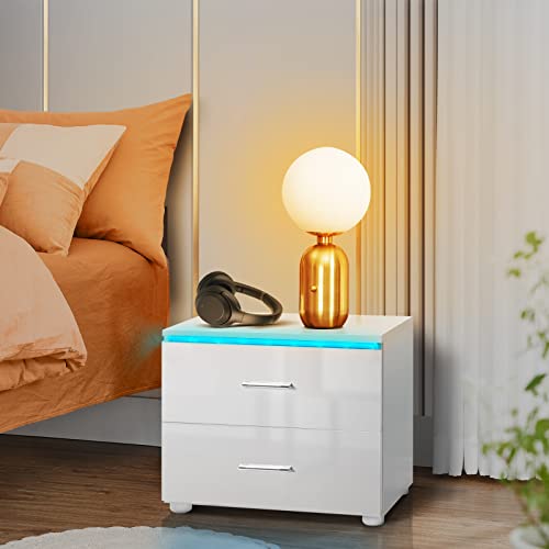 HOMMPA Small LED Nightstand White Modern Nightstand with led Light Matte LED Night Stand Bedside Table with 2 High Gloss Drawers for Children Bedroom Furniture 18.9" L x 13.8" W x 15.4" H