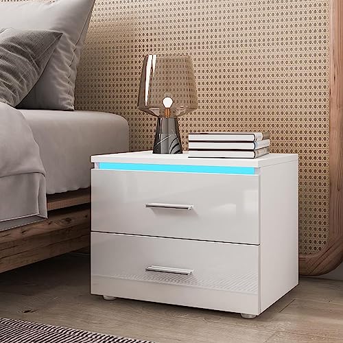 HOMMPA Small LED Nightstand White Modern Nightstand with led Light Matte LED Night Stand Bedside Table with 2 High Gloss Drawers for Children Bedroom Furniture 18.9" L x 13.8" W x 15.4" H