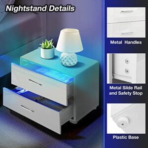 HOMMPA Small LED Nightstand White Modern Nightstand with led Light Matte LED Night Stand Bedside Table with 2 High Gloss Drawers for Children Bedroom Furniture 18.9" L x 13.8" W x 15.4" H