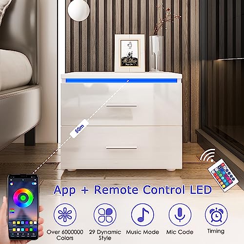 HOMMPA Small LED Nightstand White Modern Nightstand with led Light Matte LED Night Stand Bedside Table with 2 High Gloss Drawers for Children Bedroom Furniture 18.9" L x 13.8" W x 15.4" H