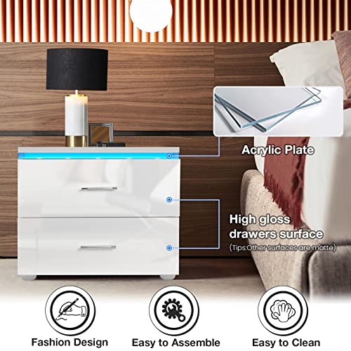 HOMMPA Small LED Nightstand White Modern Nightstand with led Light Matte LED Night Stand Bedside Table with 2 High Gloss Drawers for Children Bedroom Furniture 18.9" L x 13.8" W x 15.4" H