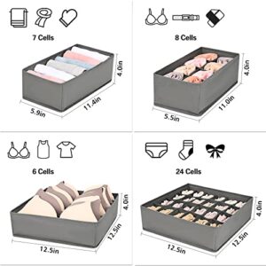 MecTo 4 Pack Drawer Organizer Dividers Drawer Organizers Non-woven Fabric Bathroom Organizer Foldable Desk Organizers Closet Storage Boxes for Storing Socks, Underwear, Ties (6+7+8+24 Cell, Gray)