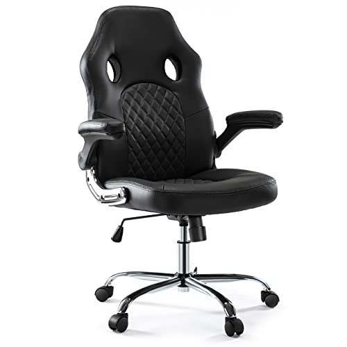 OLIXIS Gaming Ergonomic Office Desk Flip-up Armrests and Lumbar Support PU Leather Executive Mid Back Computer Chair for Adults, 26.37D x 29.13W x 44.49H in, Black