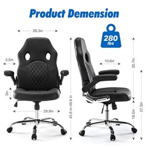 OLIXIS Gaming Ergonomic Office Desk Flip-up Armrests and Lumbar Support PU Leather Executive Mid Back Computer Chair for Adults, 26.37D x 29.13W x 44.49H in, Black