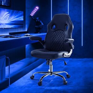 OLIXIS Gaming Ergonomic Office Desk Flip-up Armrests and Lumbar Support PU Leather Executive Mid Back Computer Chair for Adults, 26.37D x 29.13W x 44.49H in, Black