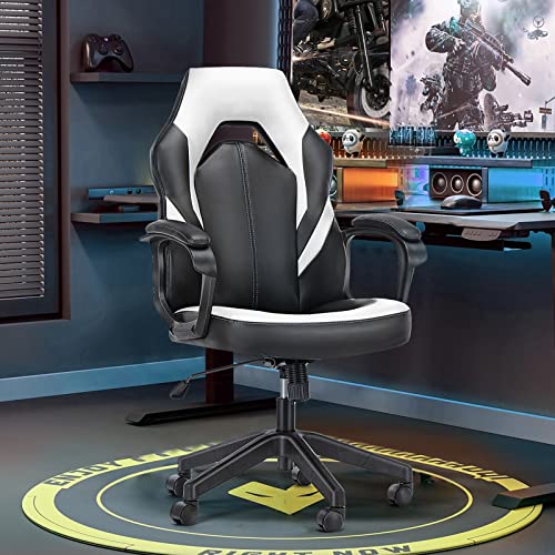 OLIXIS Computer Gaming PU Leather Ergonomic Office Swivel Desk Lumbar Support, Executive Chair with Padded Armrest and Seat Cushion for Adults, White