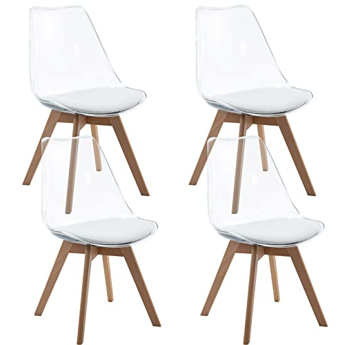 ANOUR Modern Dining Chairs Set of 4, Clear Kitchen Chairs, Acrylic Accent Seat Cushions Made PU Leather and Solid Beech Legs, Suitable for Room, Living Bedroom