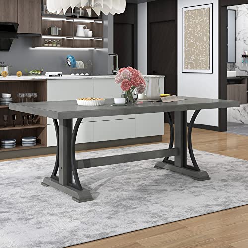 Merax Farmhouse 78" Wooden Rectangular Dining Room Fits up to 8 Easy Assemble Grey, Table Set- 1 Table, Gray