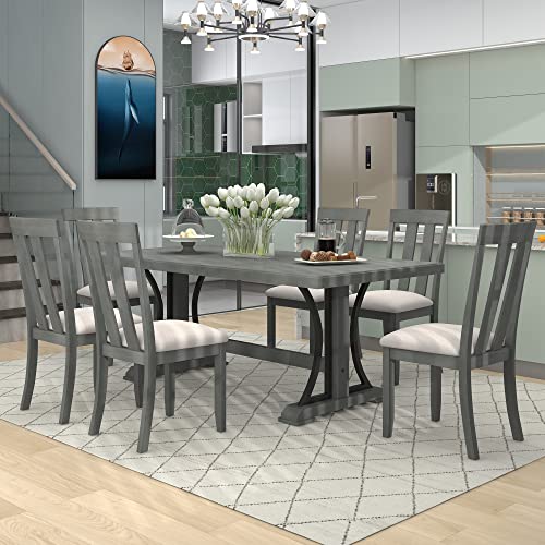 Merax Farmhouse 78" Wooden Rectangular Dining Room Fits up to 8 Easy Assemble Grey, Table Set- 1 Table, Gray