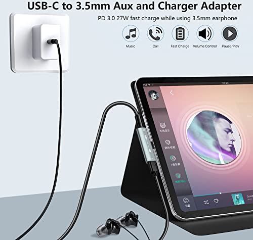 USB C to 3.5mm Audio Headphone Adapter and Charger, 2 in 1 USB C Headphone Jack HiFi DAC with 27W Fast Charging Dongle Adapter Compatible with Galaxy S23 Ultra/S22+/A53/Note 20, Pixel 7/7Pro/6/6Pro/5