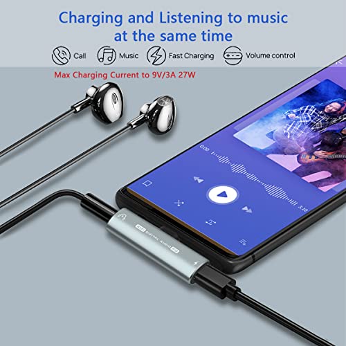 USB C to 3.5mm Audio Headphone Adapter and Charger, 2 in 1 USB C Headphone Jack HiFi DAC with 27W Fast Charging Dongle Adapter Compatible with Galaxy S23 Ultra/S22+/A53/Note 20, Pixel 7/7Pro/6/6Pro/5