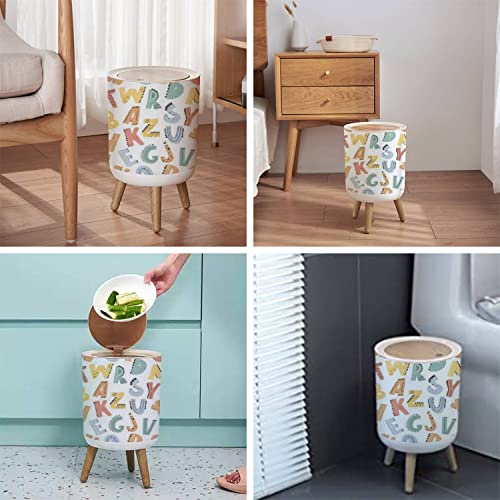 Small Trash Can with Lid for Bathroom Kitchen Office Diaper ABC seamless simple cartoon style Cute dinosaur alphabet print hand Bedroom Garbage Trash Bin Dog Proof Waste Basket Cute Decorative