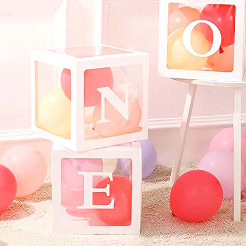 FUNTOOB One boxes with 3Pcs Letters White Clear Balloon Box Blocks Transparent Birthday Box Happy Birthday Boxes Clear Baby Shower Decorations First Birthday Decorations For Boy Or Girl (ONE White)