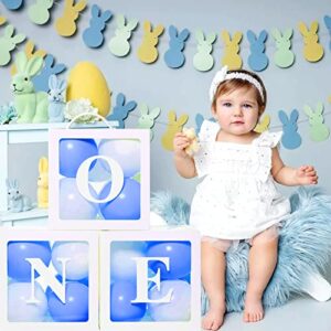 FUNTOOB One boxes with 3Pcs Letters White Clear Balloon Box Blocks Transparent Birthday Box Happy Birthday Boxes Clear Baby Shower Decorations First Birthday Decorations For Boy Or Girl (ONE White)