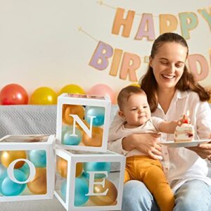 FUNTOOB One boxes with 3Pcs Letters White Clear Balloon Box Blocks Transparent Birthday Box Happy Birthday Boxes Clear Baby Shower Decorations First Birthday Decorations For Boy Or Girl (ONE White)