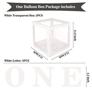 FUNTOOB One boxes with 3Pcs Letters White Clear Balloon Box Blocks Transparent Birthday Box Happy Birthday Boxes Clear Baby Shower Decorations First Birthday Decorations For Boy Or Girl (ONE White)