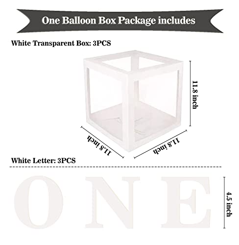 FUNTOOB One boxes with 3Pcs Letters White Clear Balloon Box Blocks Transparent Birthday Box Happy Birthday Boxes Clear Baby Shower Decorations First Birthday Decorations For Boy Or Girl (ONE White)