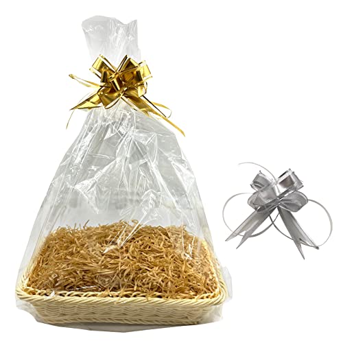 Gift Basket Kit with 1 x Basket, 2 x Bows, 2 x Cellophane Bags and 1 x Shredded Paper for Christmas, Birthday, Wedding, Easter 30 x 20 CM