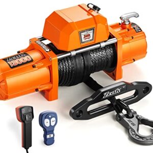 ZEAK 12V 13000lb. Electric Truck Winch Kit with 3/8 inch Synthetic Rope, Powerful Recovery Winch with Wireless Handheld Remote and Wired Handle