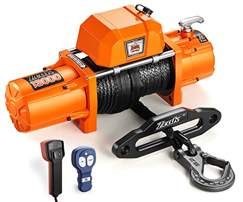 ZEAK 12V 13000lb. Electric Truck Winch Kit with 3/8 inch Synthetic Rope, Powerful Recovery Winch with Wireless Handheld Remote and Wired Handle