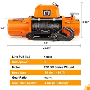 ZEAK 12V 13000lb. Electric Truck Winch Kit with 3/8 inch Synthetic Rope, Powerful Recovery Winch with Wireless Handheld Remote and Wired Handle