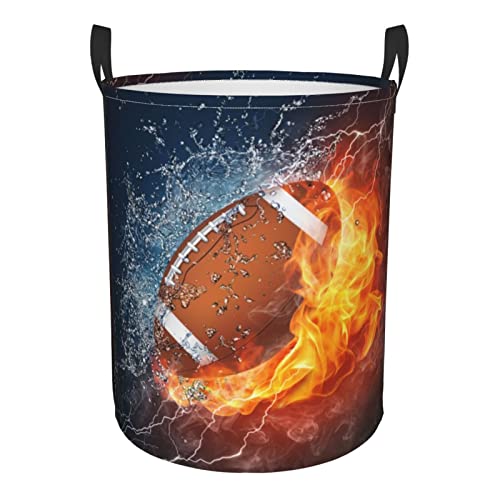 Football Dirty Clothes Hampers with Fire Water Background, Sports Round Laundry Basket Collapsible Clothing Toy Organizer Bin for Boys Girls Women Men Room 16.5" x 13.8"