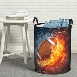 Football Dirty Clothes Hampers with Fire Water Background, Sports Round Laundry Basket Collapsible Clothing Toy Organizer Bin for Boys Girls Women Men Room 16.5" x 13.8"