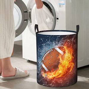 Football Dirty Clothes Hampers with Fire Water Background, Sports Round Laundry Basket Collapsible Clothing Toy Organizer Bin for Boys Girls Women Men Room 16.5" x 13.8"