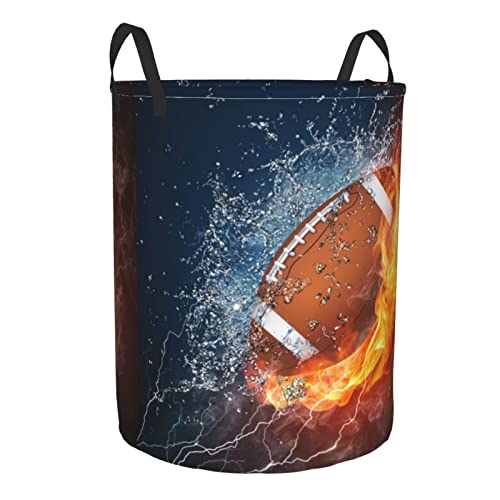 Football Dirty Clothes Hampers with Fire Water Background, Sports Round Laundry Basket Collapsible Clothing Toy Organizer Bin for Boys Girls Women Men Room 16.5" x 13.8"