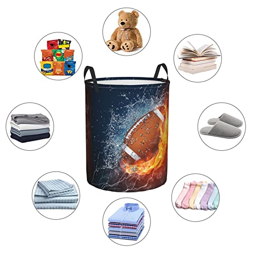 Football Dirty Clothes Hampers with Fire Water Background, Sports Round Laundry Basket Collapsible Clothing Toy Organizer Bin for Boys Girls Women Men Room 16.5" x 13.8"