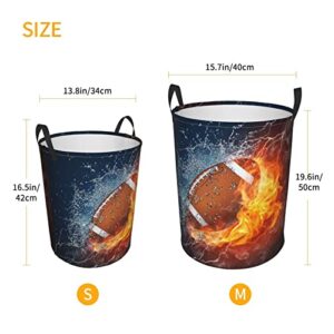 Football Dirty Clothes Hampers with Fire Water Background, Sports Round Laundry Basket Collapsible Clothing Toy Organizer Bin for Boys Girls Women Men Room 16.5" x 13.8"