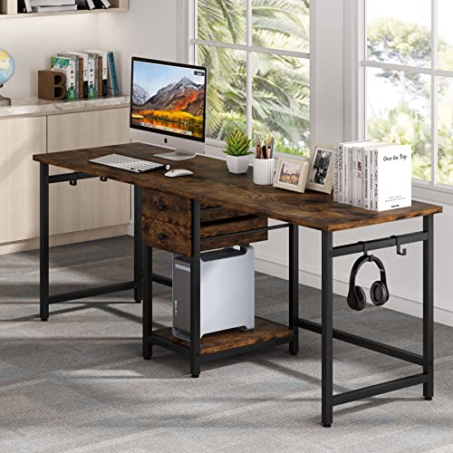 Tribesigns 78’’ Two Person Desk with 2 Drawers, Long Double Computer Desk Gaming Table with Shelves, Industrial Study Writing Table Workstation for Home Office, Rustic Brown