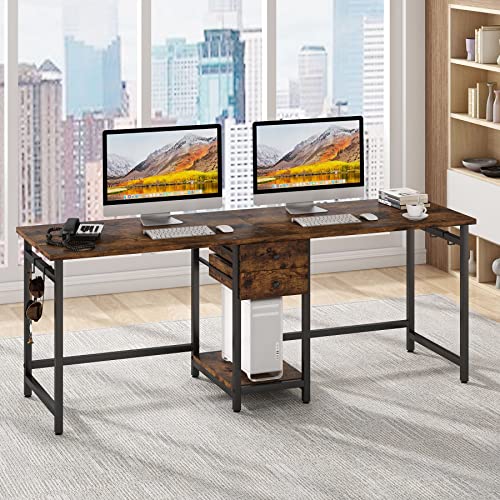 Tribesigns 78’’ Two Person Desk with 2 Drawers, Long Double Computer Desk Gaming Table with Shelves, Industrial Study Writing Table Workstation for Home Office, Rustic Brown