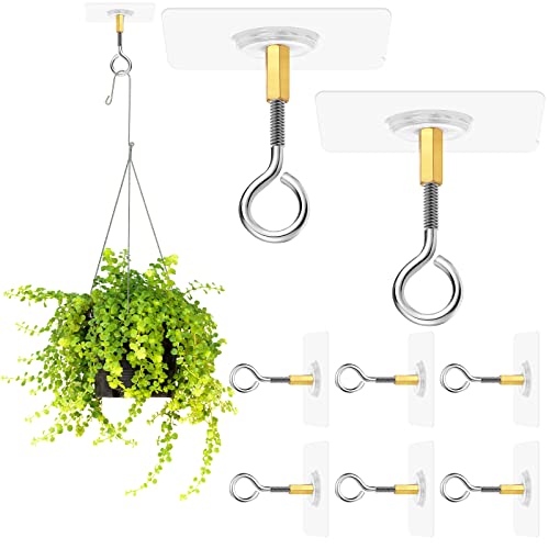 Yinkin 10 Pcs Command Ceiling Hooks Self Adhesive Stainless Steel Eye Hooks No Hole Hanger Transparent Waterproof Seamless Oilproof Wall Hooks 10lb (max) for Hanging Plant Lights