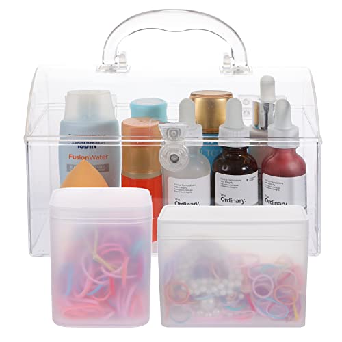 Plastic Square Storage Bin-Cabinet,Gift Box Portable Vanity Organizer with Secure Lid and Handle, Clear Container Box for Toiletries (1 Clear Box + 1 Middle Box +1 Smaill Boxs)