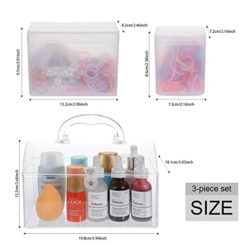 Plastic Square Storage Bin-Cabinet,Gift Box Portable Vanity Organizer with Secure Lid and Handle, Clear Container Box for Toiletries (1 Clear Box + 1 Middle Box +1 Smaill Boxs)