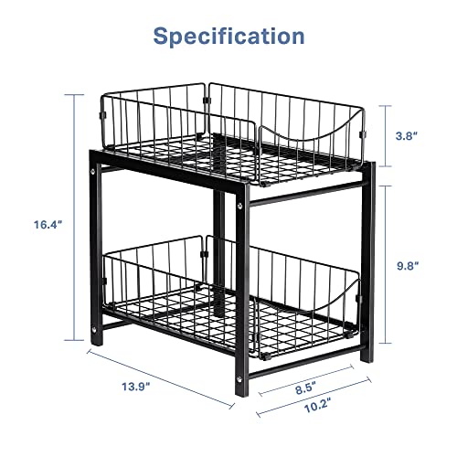 LASSRY 2-Tier Under Sink Organizer with Storage Drawers, Multi-Purpose Pull Out Cabinet Organizer Shelf, Sliding Under Cabinet Storage Rack, Metal Shelf Organizers for Kitchen, Bathroom(black)