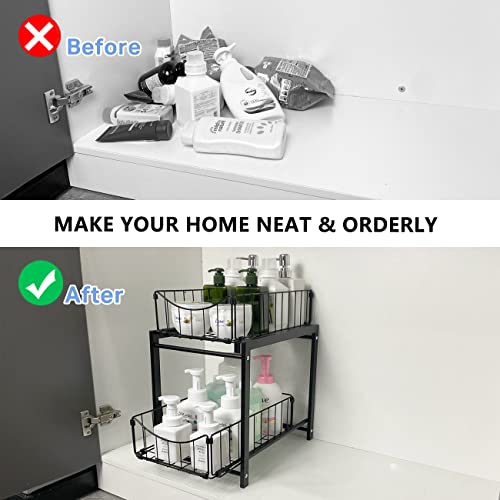 LASSRY 2-Tier Under Sink Organizer with Storage Drawers, Multi-Purpose Pull Out Cabinet Organizer Shelf, Sliding Under Cabinet Storage Rack, Metal Shelf Organizers for Kitchen, Bathroom(black)