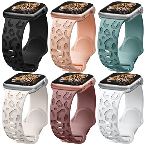 6 Pack Leopard Engraved Band Compatible with Apple Watch Band 38mm 44mm 45mm 49mm, Waterproof Cheetah Sport Silicone Wristbands Replacement for iWatch Series 8 7 6 5 4 3 2 SE for Women Starlight-38