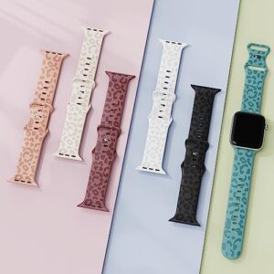 6 Pack Leopard Engraved Band Compatible with Apple Watch Band 38mm 44mm 45mm 49mm, Waterproof Cheetah Sport Silicone Wristbands Replacement for iWatch Series 8 7 6 5 4 3 2 SE for Women Starlight-38