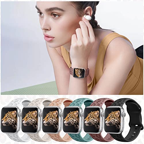 6 Pack Leopard Engraved Band Compatible with Apple Watch Band 38mm 44mm 45mm 49mm, Waterproof Cheetah Sport Silicone Wristbands Replacement for iWatch Series 8 7 6 5 4 3 2 SE for Women Starlight-38