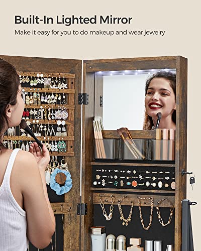 SONGMICS LED Cabinet Standing, Lockable Jewelry Armoire with Full-Length Mirror, Space-Saving Jewelry Organizer with Mirror, Bottom Drawer and Shelf, Gift Idea, Rustic Brown UJJC025X01