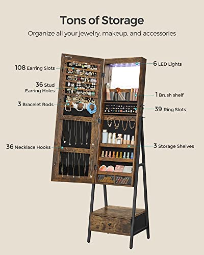 SONGMICS LED Cabinet Standing, Lockable Jewelry Armoire with Full-Length Mirror, Space-Saving Jewelry Organizer with Mirror, Bottom Drawer and Shelf, Gift Idea, Rustic Brown UJJC025X01