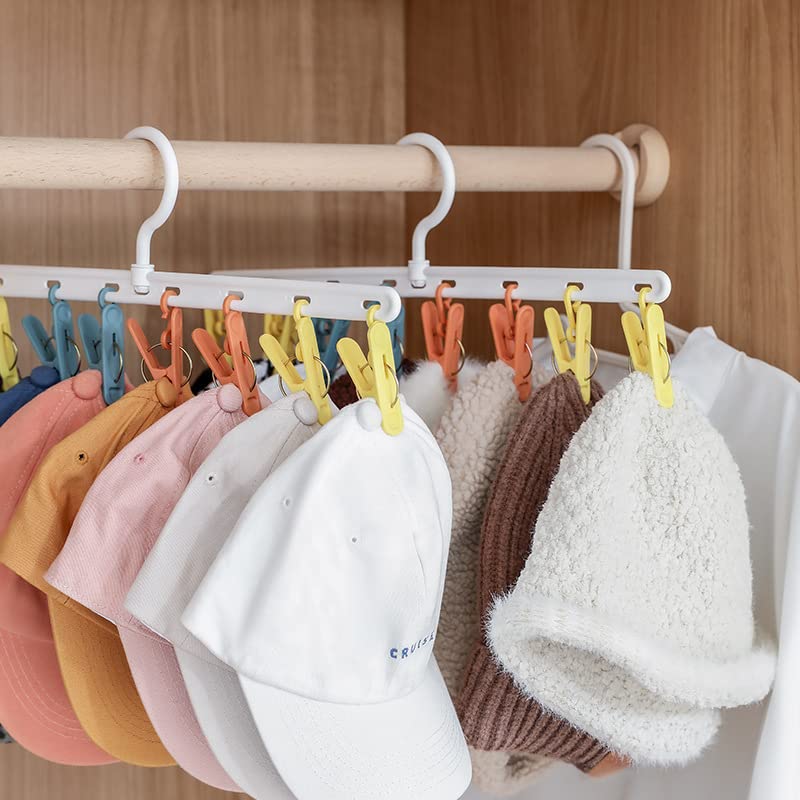 Durable Hanging Closet Organizer for Underwear Double Sided with Mesh Pockets& Hat Storage 8 Hat Storage Clips for Hat Rack for Baseball Caps Hat Organizer Holder (Gray&White, Bra&Hat Storage)