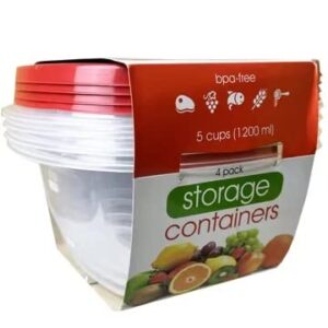 kole imports deep square food container 4pk 5 cups 1200 ml, snacks, leftover food, empty container, bpa free, clear red lid