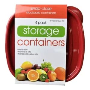 Kole Imports Deep Square Food Container 4pk 5 Cups 1200 ML, Snacks, Leftover Food, Empty Container, BPA Free, Clear Red Lid