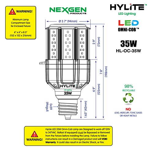 HyLite LED Lighting 35W High Performance LED Omni-Cob Lamp, 360º, (~175W HID), 50K, 4800 lm, 120~347V for Commercial Industrial Lighting Warehouse High Bay Light Fixture Garage Workshop, White